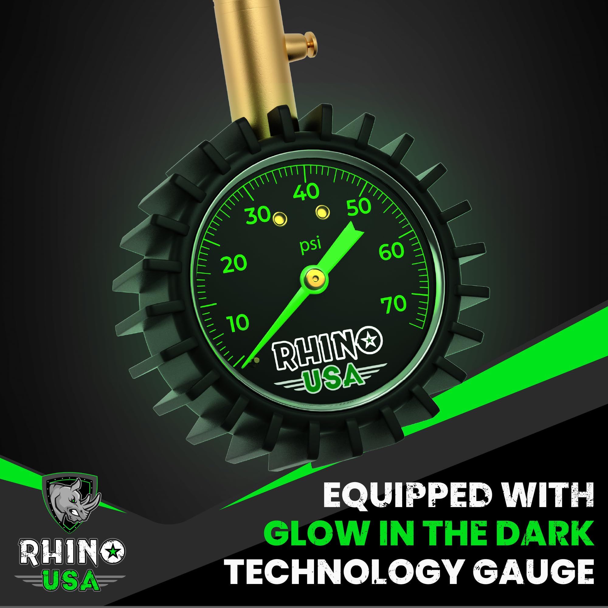 Rhino USA Heavy Duty Tire Pressure Gauge (0-75 PSI) - Certified ANSI B40.1 Accurate, Large 2" Easy Read Glow Dial, Premium Braided Hose, Solid Brass Hardware, Best for Any Car, Truck, Motorcycle, RV