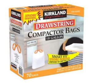 kirkland signature compactor bags 18 gallon smart fit gripping drawstring 70 ct ,thickness: 2.0 mil,dimensions: 25.625" x 28"