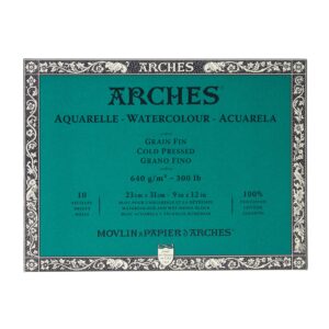 arches watercolor block 9x12-inch natural white 100% cotton watercolor paper - 10 sheets of arches 300 lb watercolor paper cold press - watercolor paper block for gouache ink acrylic and more