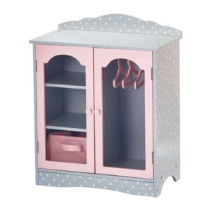 olivia's little world polka dot princess wooden shaker-style double closet for 18" doll wardrobes with windowed doors, three shelves, hanging space with hangers, gray/pink