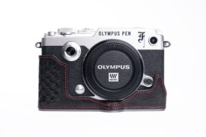 penf case, bolinus handmade genuine real leather half camera case bag cover for olympus pen-f bottom opening version -black