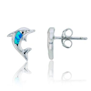 decadence rhodium polished created opal stud earrings for women | dolphin 10x10mm studs | blue green turquoise | 925 sterling silver pushbacks