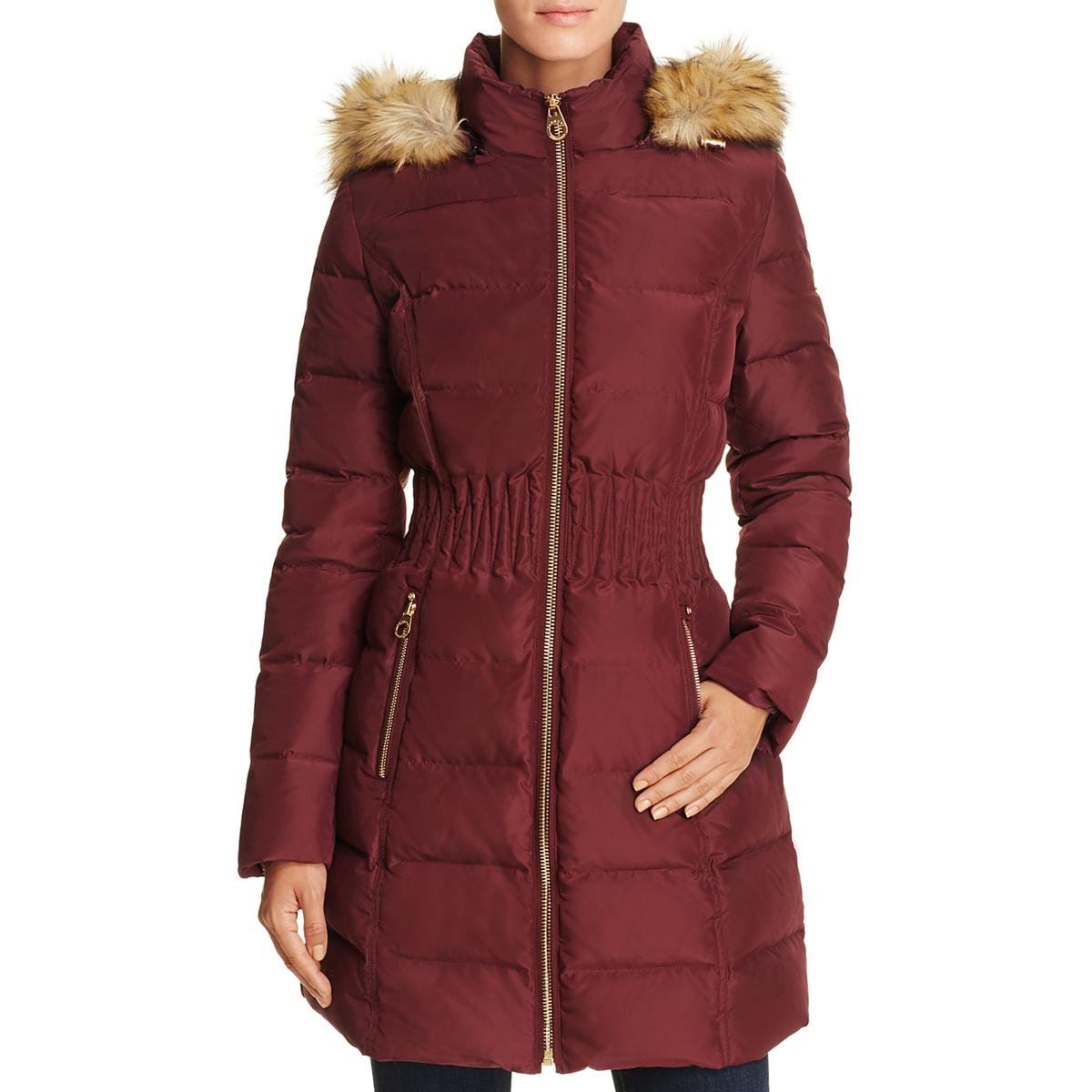 Laundry By Shelli Segal Women's 3/4 Puffer Jacket with Zig Zag Cinched Waist and Faux Fur Trim Hood, Old Port Royal, X-Large