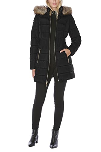 Laundry By Shelli Segal Women's 3/4 Puffer Jacket with Zig Zag Cinched Waist and Faux Fur Trim Hood, Black (2016), X-Small