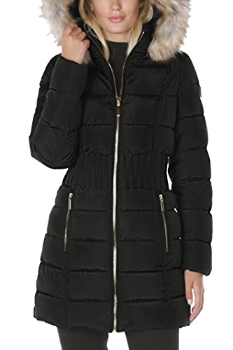 Laundry By Shelli Segal Women's 3/4 Puffer Jacket with Zig Zag Cinched Waist and Faux Fur Trim Hood, Black (2016), X-Small