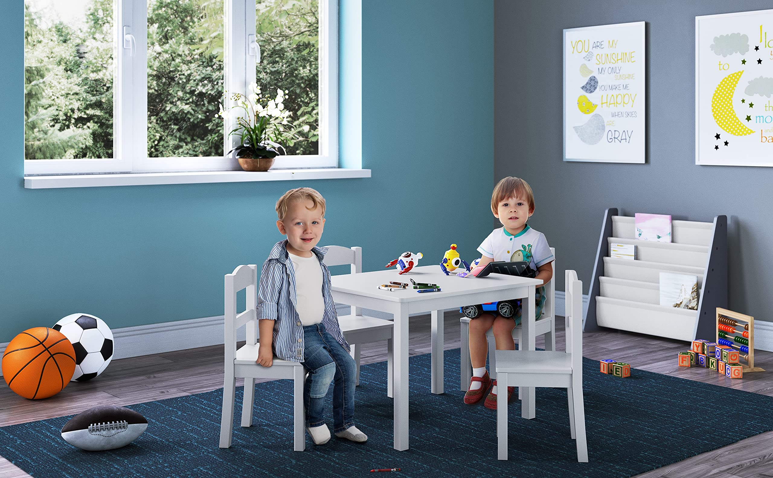 Humble Crew, White Kids Wood Table and 4 Chairs Set