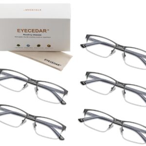 EYECEDAR 5-Pack Reading Glasses for Men Blue Light Blocking Gunmetal Gray Metal Half Frame Spring Hinges Readers Glasses Mens Readers 1.5