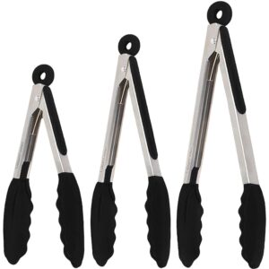 silicone kitchen tongs for cooking with silicone tips, heat resistant tongs for serving food, 7-inch, 9-inch, 12-inch locking silicone tongs, set of 3 salad tongs, black kitchen utensils