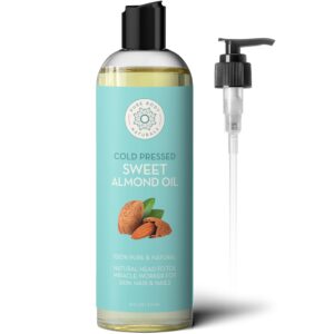 pure body naturals sweet almond oil for hair and skin, 100% pure and cold pressed, hexane free, skin moisturizer, nails, therapeutic massage, carrier oil 16 fl. ounce (label varies)