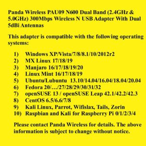 Panda Wireless PAU09 N600 Dual Band (2.4GHz and 5GHz) Wireless N USB Adapter W/Dual 5dBi Antennas - Windows 7/8/8.1/10/11, Mint, Ubuntu, openSUSE, Fedora, Centos, Kali Linux and Raspbian