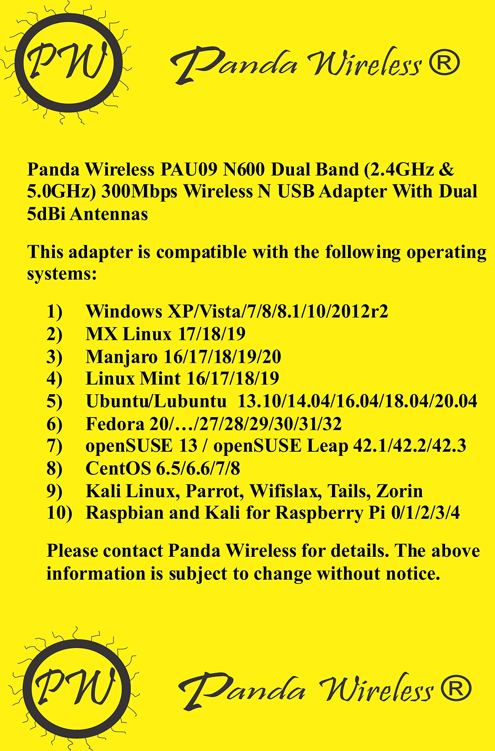 Panda Wireless PAU09 N600 Dual Band (2.4GHz and 5GHz) Wireless N USB Adapter W/Dual 5dBi Antennas - Windows 7/8/8.1/10/11, Mint, Ubuntu, openSUSE, Fedora, Centos, Kali Linux and Raspbian