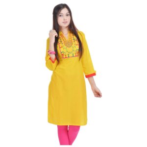 chichi women's indian plain embroidered neck cotton kurti top, yellow, large