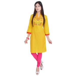 Chichi Women's Indian Plain Embroidered Neck Cotton Kurti Top, Yellow, Large