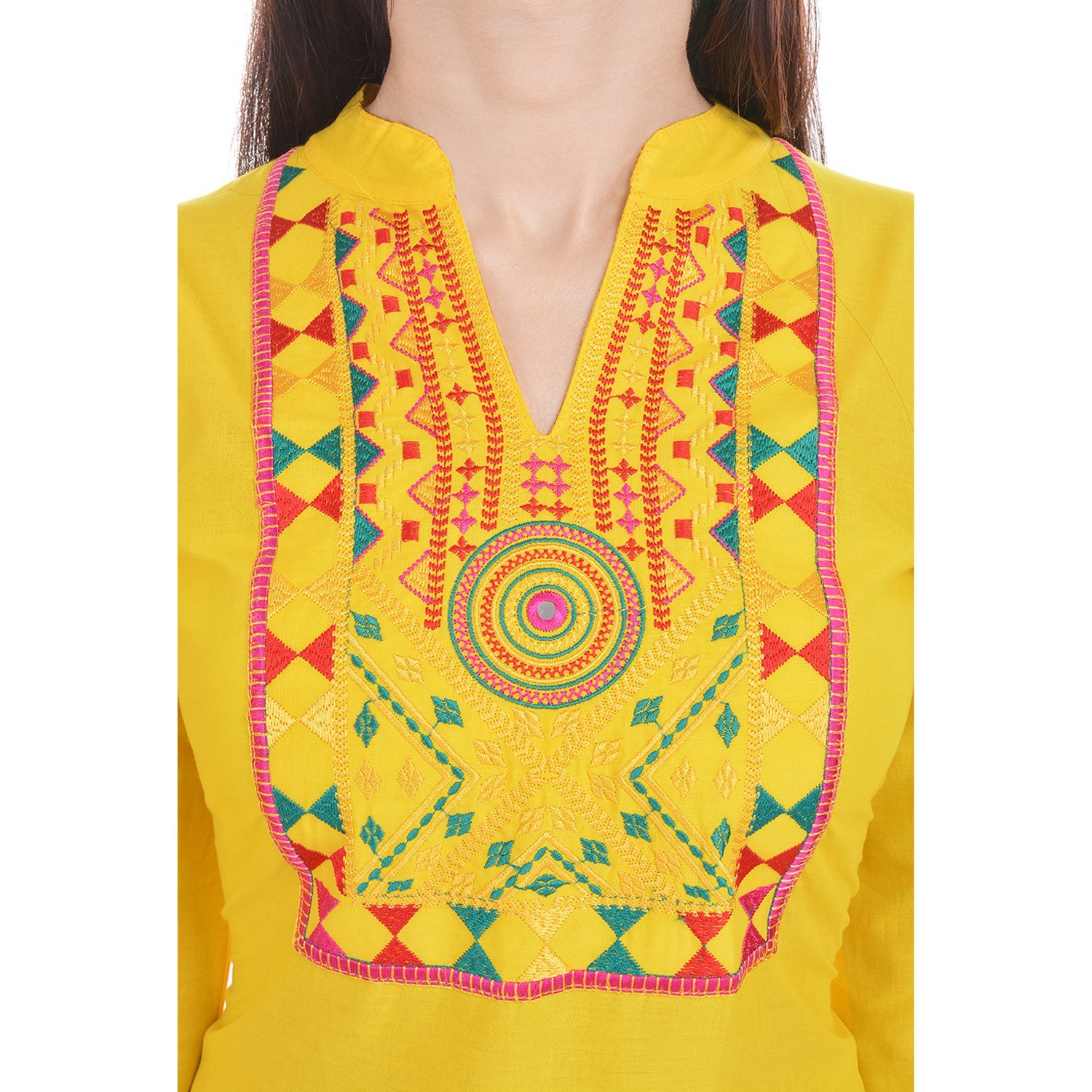 Chichi Women's Indian Plain Embroidered Neck Cotton Kurti Top, Yellow, Large