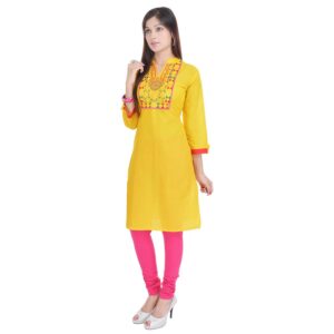 Chichi Women's Indian Plain Embroidered Neck Cotton Kurti Top, Yellow, Large