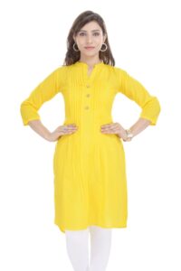 chichi indian women's plain cotton kurti yellow for casual/daily/party wear