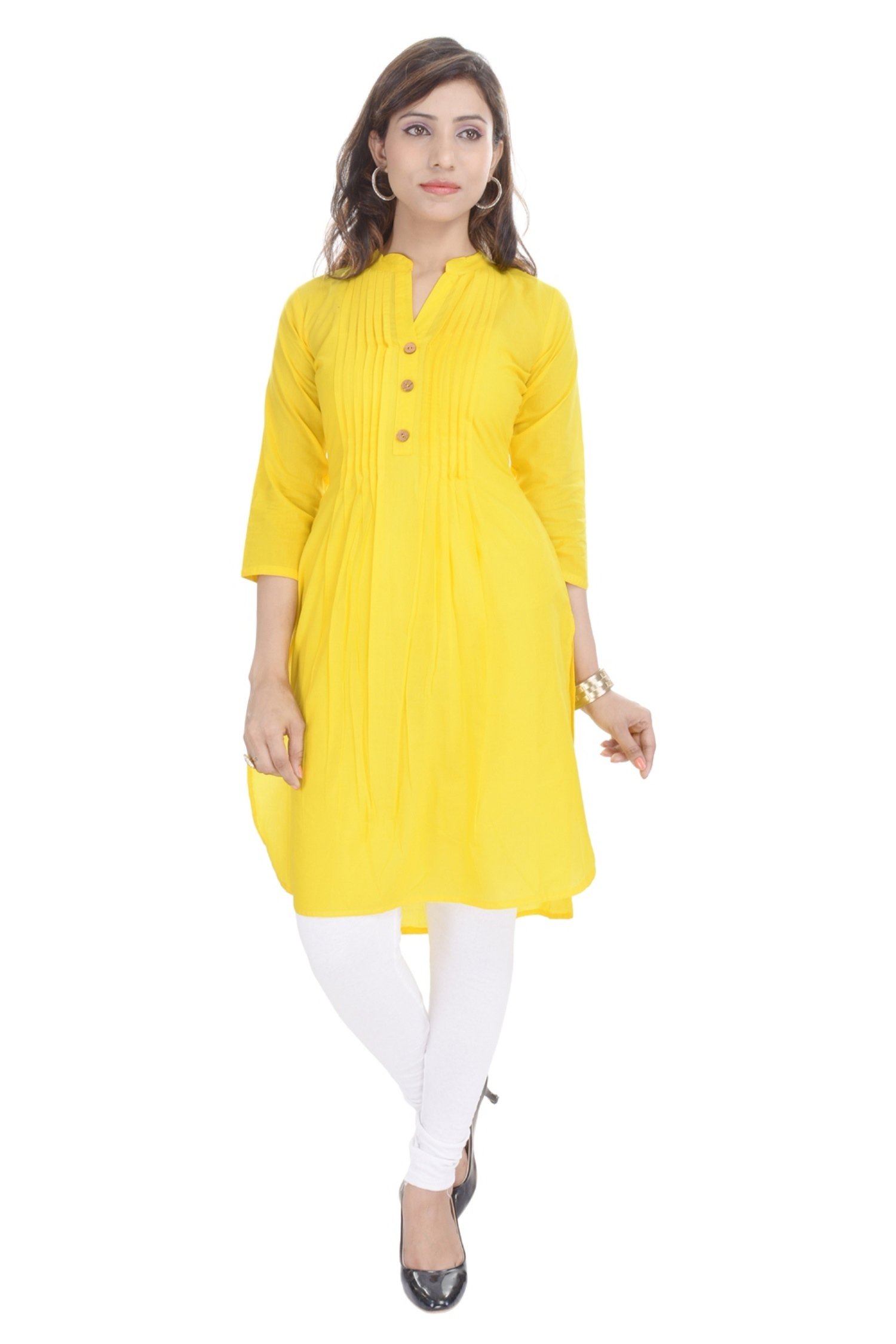 Chichi Indian Women's Plain Cotton Kurti Yellow For Casual/Daily/Party Wear