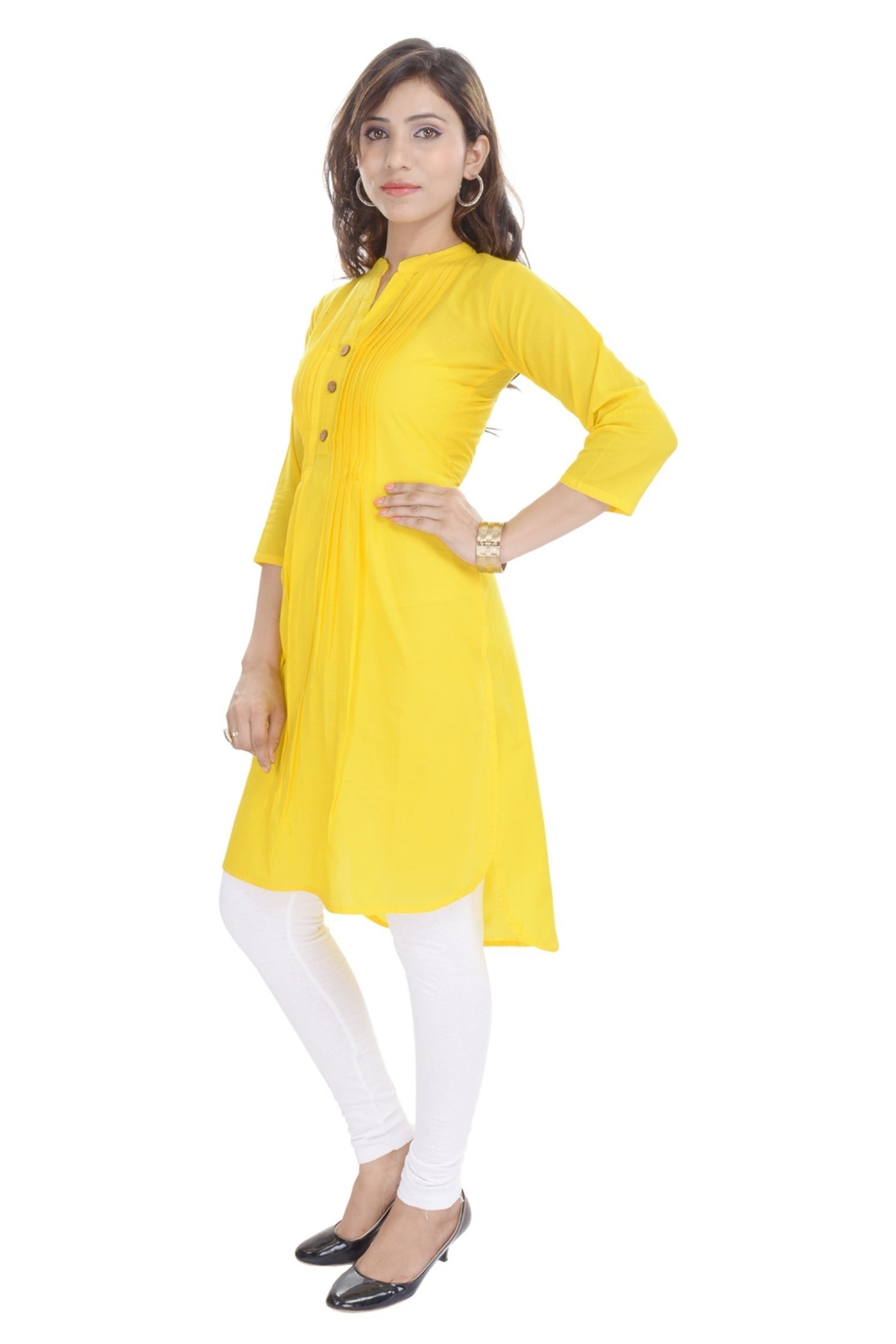 Chichi Indian Women's Plain Cotton Kurti Yellow For Casual/Daily/Party Wear