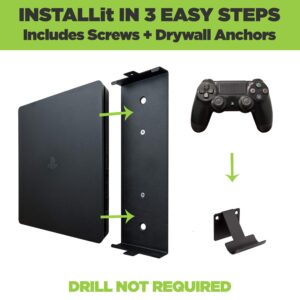 HIDEit Mounts 4S Bundle, Wall Mounts for PS4 Slim and Controllers, Steel Wall Mount for PlayStation 4 Slim and 2 Controller Mounts to Safely Store Your PS4 Slim and PlayStation Controller