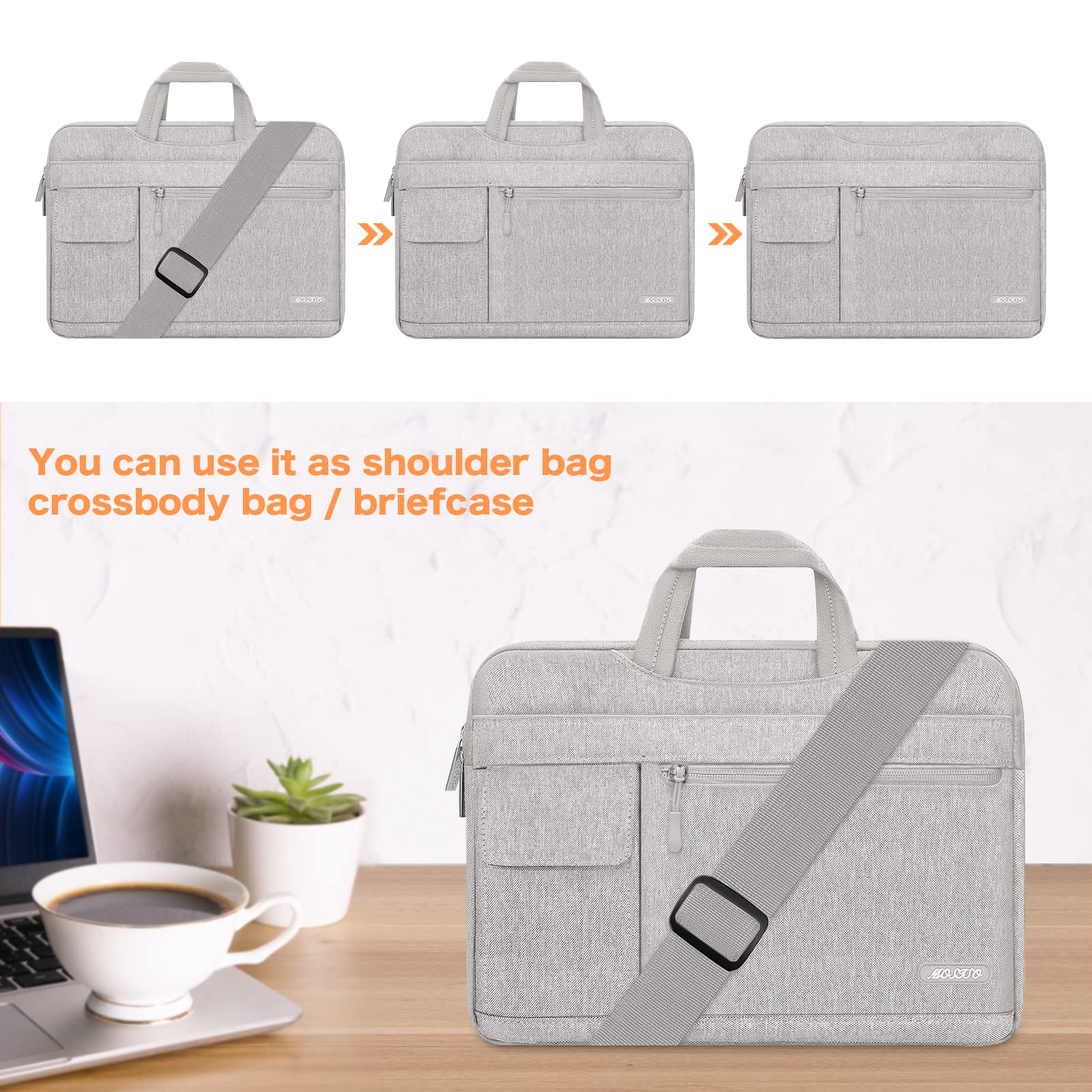 MOSISO Laptop Shoulder Bag Compatible with MacBook Air/Pro,13-13.3 inch Notebook,Compatible with MacBook Pro 14 inch M3 M2 M1 Pro Max 2023-2021,Polyester Flapover Briefcase Sleeve Case, Gray