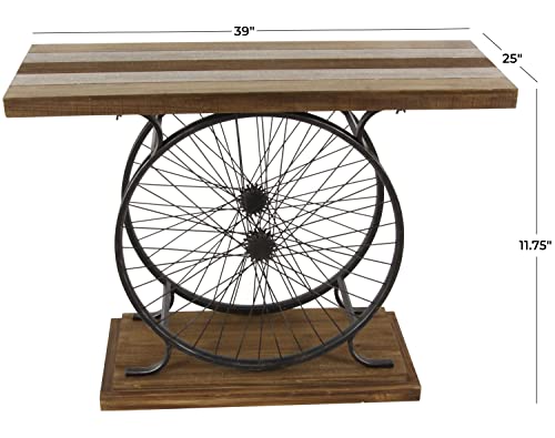 Deco 79 Wood Bike Wide Slatted Top Console Table with Dual Wheel Frame and Tiered Base, 36" x 25" x 12", Brown