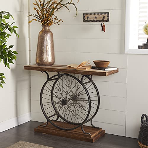 Deco 79 Wood Bike Wide Slatted Top Console Table with Dual Wheel Frame and Tiered Base, 36" x 25" x 12", Brown