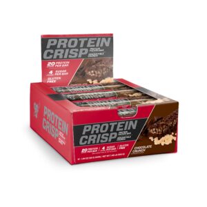 bsn protein crisp bar, protein snack bars, crunch bars with whey protein and fiber, gluten free, chocolate crunch, 12 count (packaging may vary)