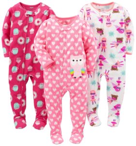 simple joys by carter's baby girls' 3-pack loose fit flame resistant fleece footed pajamas, donut/hearts/superhero, 18 months