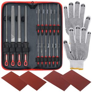 hi-spec 16 piece metal hand & needle files tool set kit. large & small mini t12 carbon steel flat, half, round, triangle files. complete in a zipper carry case