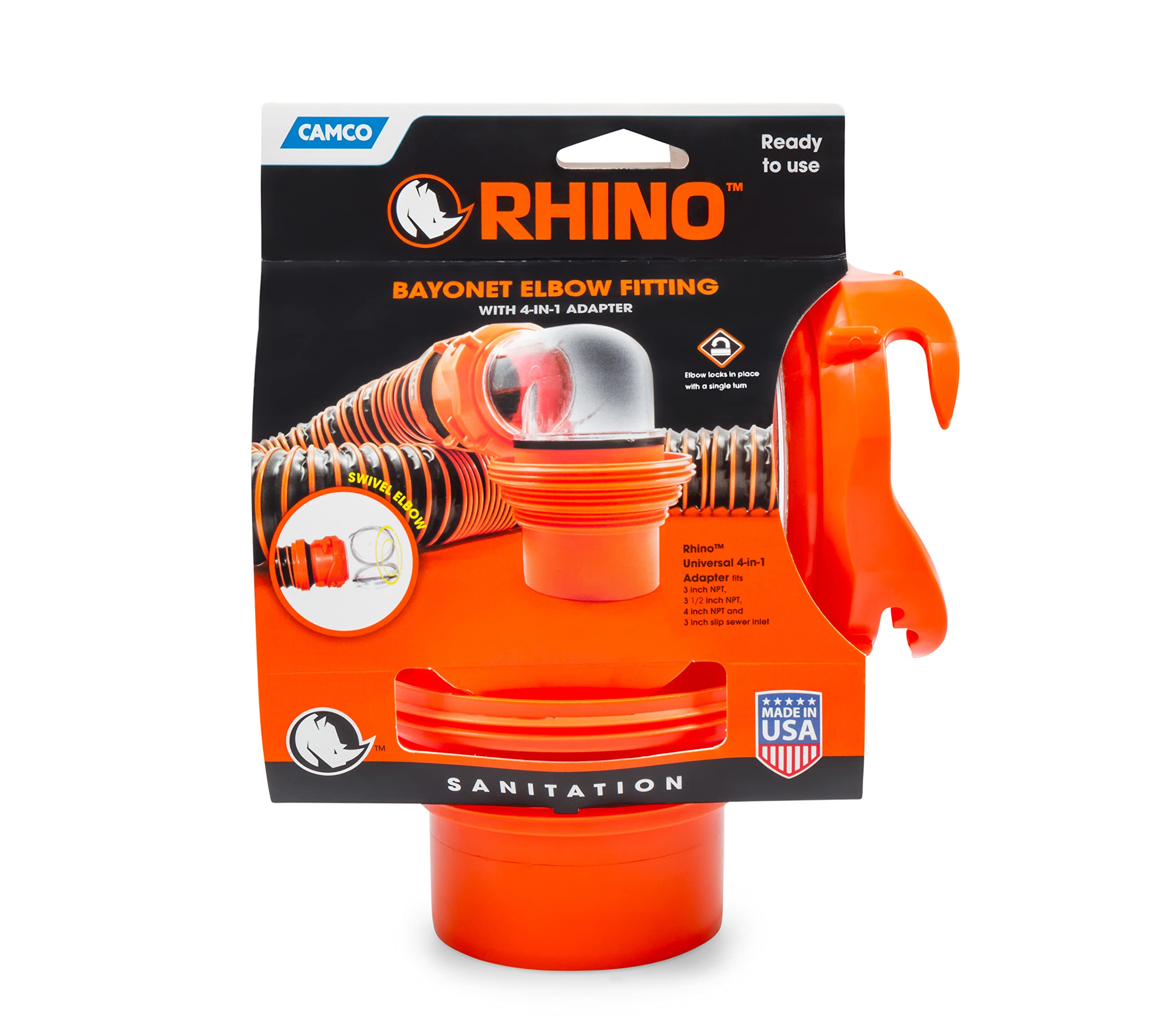 Camco 39736, RhinoFlex Clear RV Sewer Hose Elbow with 4-in-1 Adapter | Features a 360-Degree Fitting Rotation and Built-in Gasket for Odor-Tight Protection | Fits 4 Sizes of Dump Station Inlets