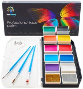 face paint kit – dermatologically tested – non-toxic & hypoallergenic – professional face painting kit for kids & adults – cosplay makeup kit – easy to apply & remove – leakproof dry glitters