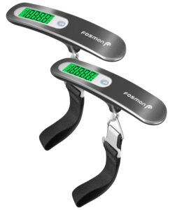 fosmon digital luggage scale (2 pack) digitial lcd display backlight baggage scale with 110lbs capacity, portable stainless steel hanging luggage weight scale with tare function for travelers - silver