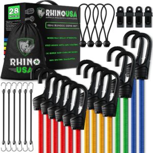 rhino usa bungee cords with hooks - heavy duty outdoor 28pc assortment with 4 free tarp clips, drawstring organizer bag, canopy ties & ball bungees