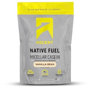 ascent casein protein powder - 25g micellar casein powder with zero artificial flavors & sweeteners, gluten-free, no added sugar, 4.9g bcaa, 2.2g leucine - vanilla bean, 2 pounds