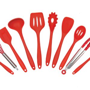 Silicone Kitchen Cooking Utensils w Bamboo Holder- 10 Pc Gourmet Non-Stick, Heat Resistant, Premium Kitchen Tools Set- Spatula, Spoon, Slotted Spoon, Tongs, Basting Brush, Whisk, Ladle-Baking, Baking