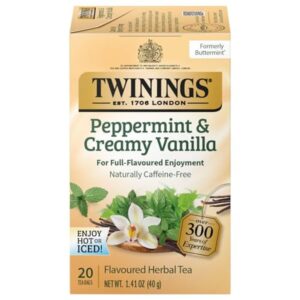 twinings peppermint & creamy vanilla herbal tea individually wrapped bags, 20 count (pack of 6), formerly buttermint, naturally caffeine-free, enjoy hot or iced | packaging may vary