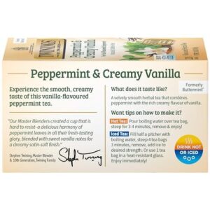 Twinings Peppermint & Creamy Vanilla Herbal Tea Individually Wrapped Bags, 20 Count (Pack of 6), Formerly Buttermint, Naturally Caffeine-Free, Enjoy Hot or Iced | Packaging May Vary