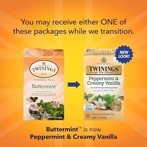 Twinings Peppermint & Creamy Vanilla Herbal Tea Individually Wrapped Bags, 20 Count (Pack of 6), Formerly Buttermint, Naturally Caffeine-Free, Enjoy Hot or Iced | Packaging May Vary