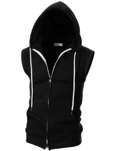 ohoo mens slim fit sleeveless lightweight zip-up hooded vest 2 way zipper hoodie sweatshirt / dcf011-black-l