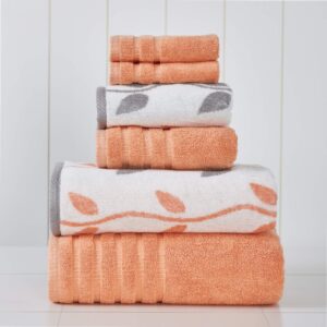 amrapur overseas 6-piece yarn dyed organic vines jacquard/solid ultra soft 500gsm 100% combed cotton towel set [coral]