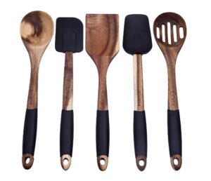 tooksa- premium 5 piece acacia multi-toned light and dark wooden spoon, turner and spatula utensil set with silicone, rubber, non-slip handles (black)