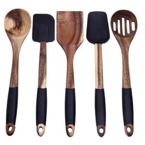 TOOKSA- Premium 5 Piece Acacia Multi-Toned Light and Dark Wooden Spoon, Turner and Spatula Utensil Set with Silicone, Rubber, Non-Slip Handles (Black)