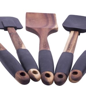 TOOKSA- Premium 5 Piece Acacia Multi-Toned Light and Dark Wooden Spoon, Turner and Spatula Utensil Set with Silicone, Rubber, Non-Slip Handles (Black)