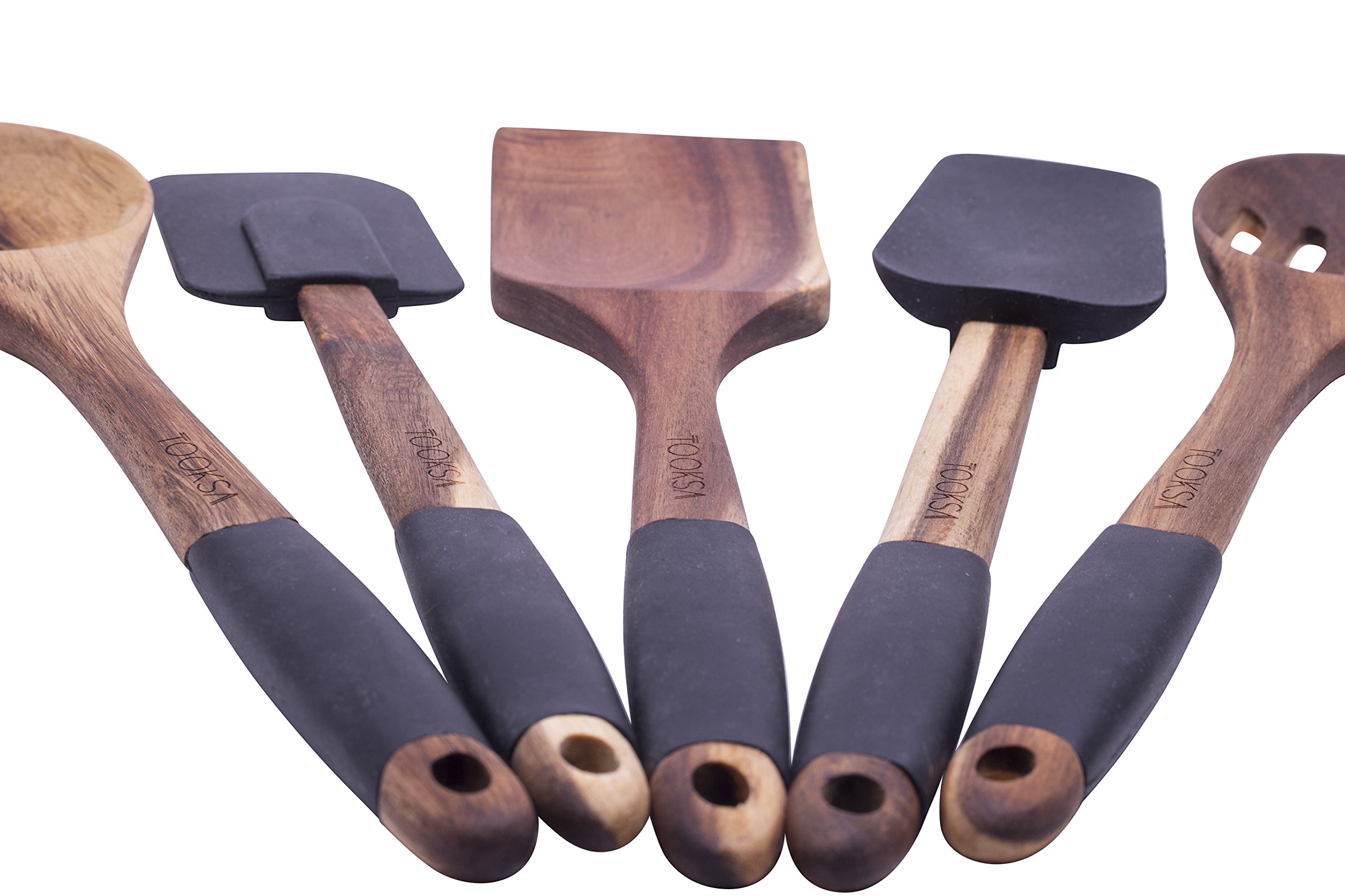 TOOKSA- Premium 5 Piece Acacia Multi-Toned Light and Dark Wooden Spoon, Turner and Spatula Utensil Set with Silicone, Rubber, Non-Slip Handles (Black)