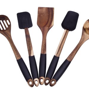 TOOKSA- Premium 5 Piece Acacia Multi-Toned Light and Dark Wooden Spoon, Turner and Spatula Utensil Set with Silicone, Rubber, Non-Slip Handles (Black)