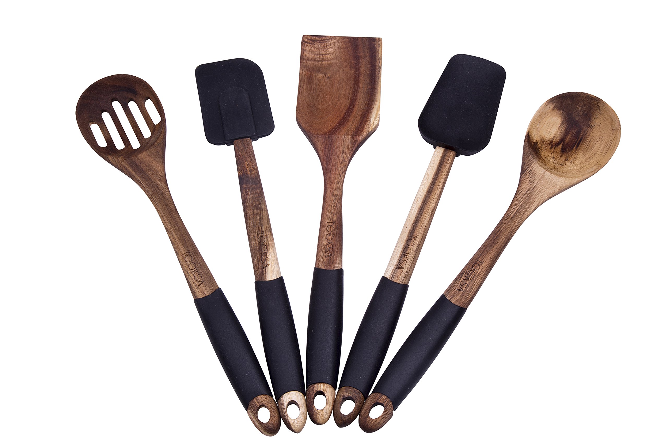 TOOKSA- Premium 5 Piece Acacia Multi-Toned Light and Dark Wooden Spoon, Turner and Spatula Utensil Set with Silicone, Rubber, Non-Slip Handles (Black)