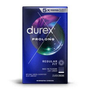 durex condom prolong natural latex condoms, 12 count - ultra fine, ribbed and dotted with delay lubricant, regular fit