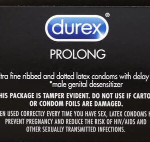 Durex Condom Prolong Natural Latex Condoms, 12 Count - Ultra Fine, ribbed and dotted with delay lubricant, Regular Fit