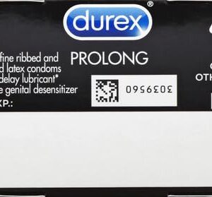 Durex Condom Prolong Natural Latex Condoms, 12 Count - Ultra Fine, ribbed and dotted with delay lubricant, Regular Fit