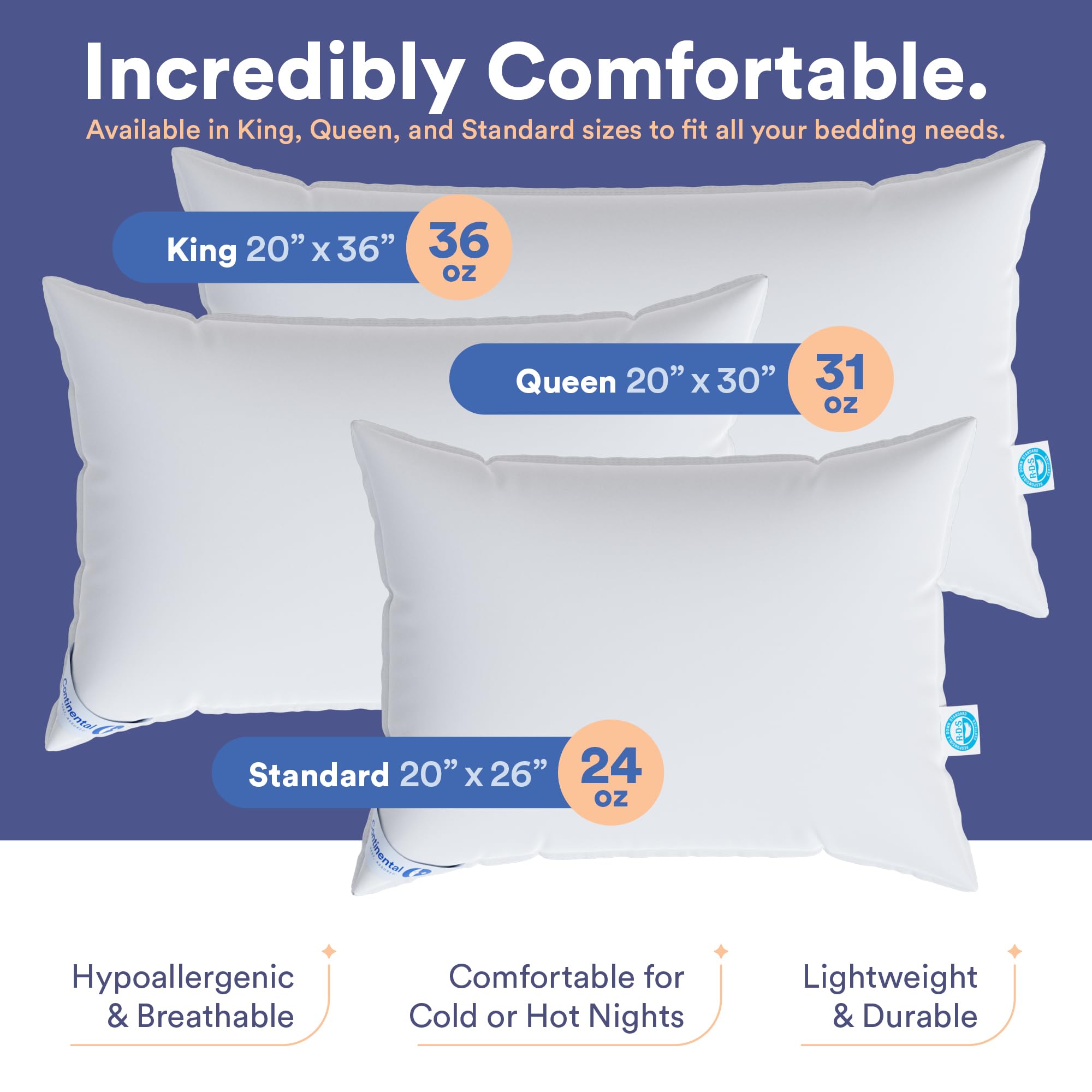 Continental Bedding Luxury Down Pillows King Size Set of 2 - Family Made in New York - Breathable Bed Pillows for Sleeping on Side Sleepers - 550FP Firm, Moderate Firmness and Loft